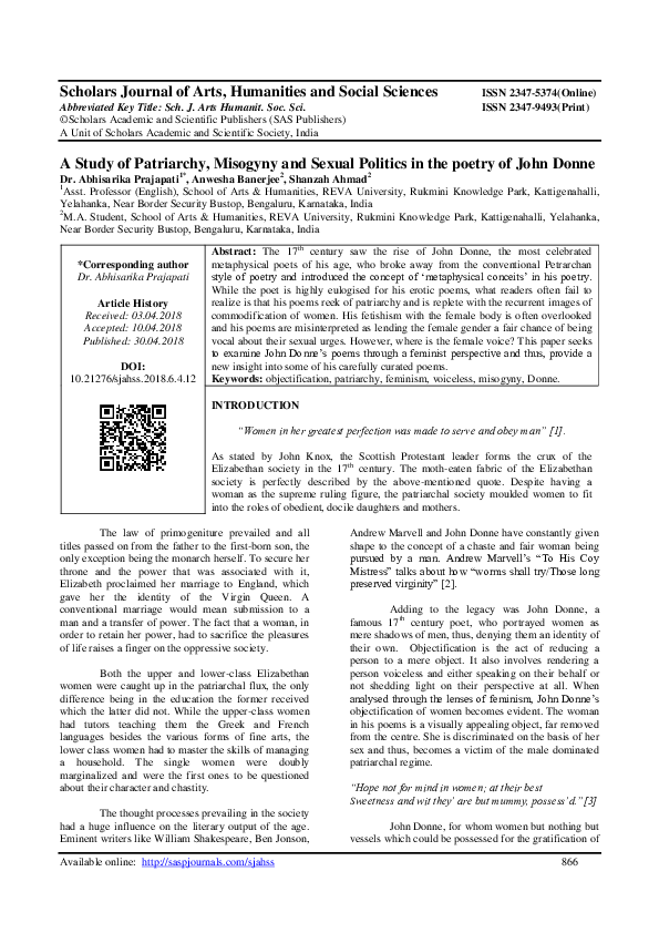 (PDF) A Study of Patriarchy, Misogyny and Sexual Politics in the poetry ...