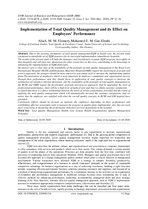 (PDF) Implementation of Total Quality Management and its Effect on ...