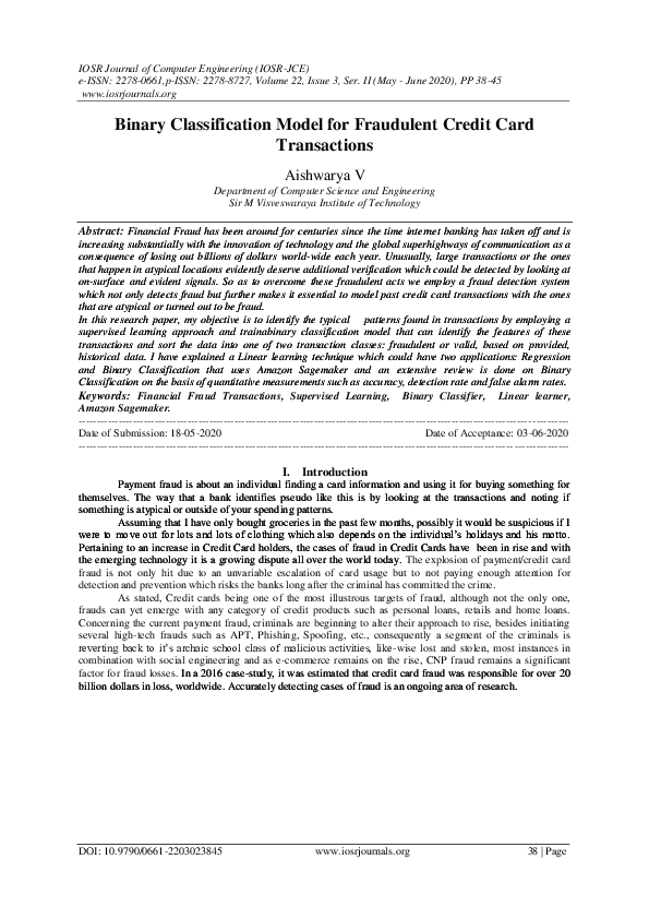 (PDF) Binary Classification Model for Fraudulent Credit Card Transactions