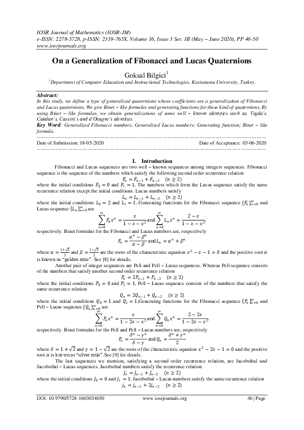 (PDF) On a Generalization of Fibonacci and Lucas Quaternions