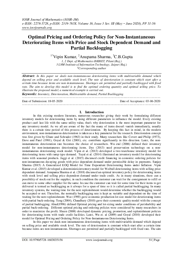 Pdf Optimal Pricing And Ordering Policy For Non Instantaneous Deteriorating Items With Price