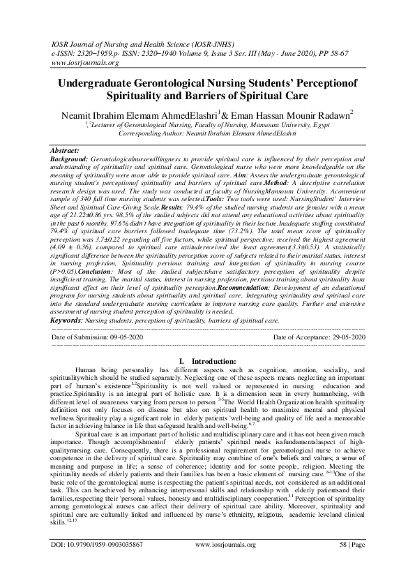 (PDF) Undergraduate Gerontological Nursing Students' Perceptionof Spirituality and Barriers of ...