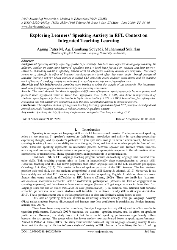 (PDF) Exploring Learners' Speaking Anxiety in EFL Context on Integrated ...