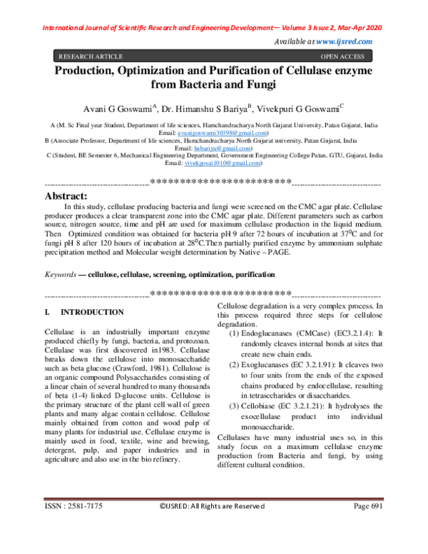 (PDF) Production, Optimization and Purification of Cellulase enzyme from Bacteria and Fungi