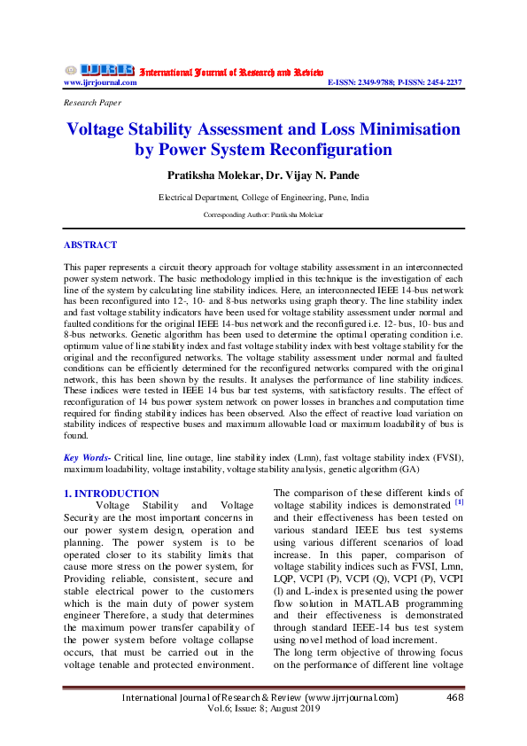 (PDF) Voltage Stability Assessment and Loss Minimisation by Power System Reconfiguration