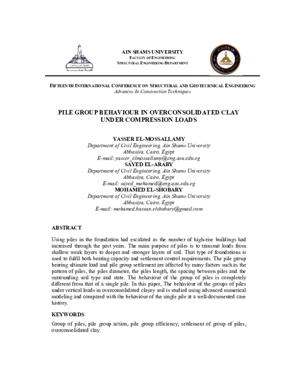 (PDF) PILE GROUP BEHAVIOUR IN OVERCONSOLIDATED CLAY UNDER COMPRESSION LOADS