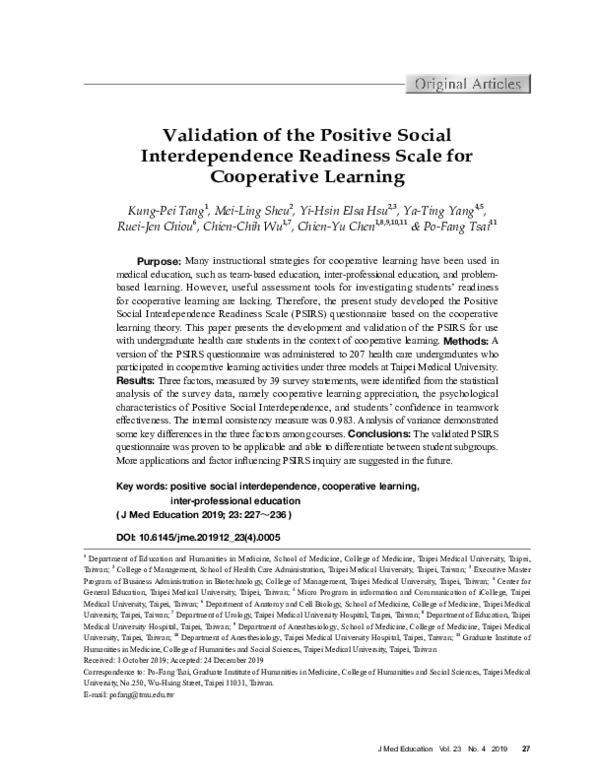 (PDF) Validation of the Positive Social Interdependence Readiness Scale for Cooperative Learning