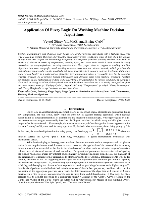 (PDF) Application Of Fuzzy Logic On Washing Machine Decision Algorithms