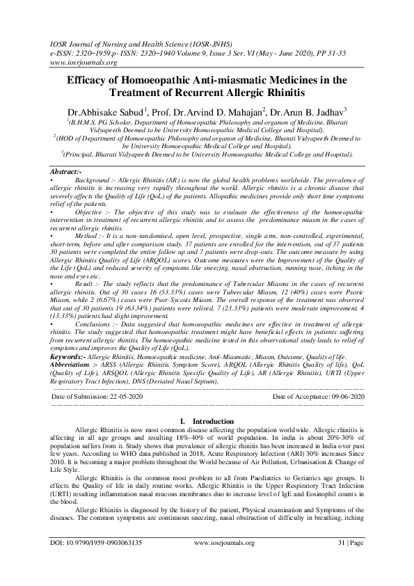 (PDF) Efficacy of Homoeopathic Anti-miasmatic Medicines in the ...