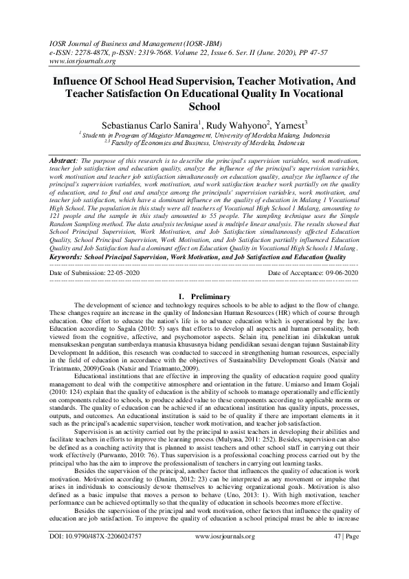 (PDF) Influence Of School Head Supervision, Teacher Motivation, And ...