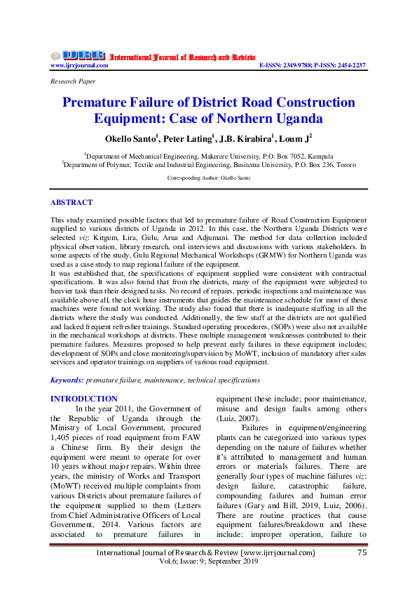 (PDF) Premature Failure of District Road Construction Equipment: Case ...