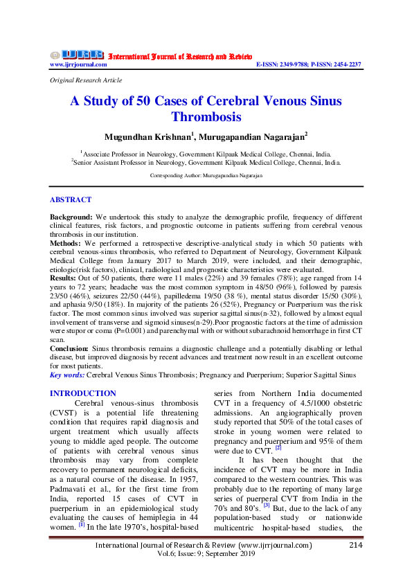 (PDF) Cerebral venous sinus thrombosis: review of the demographics, pathophysiology, current ...