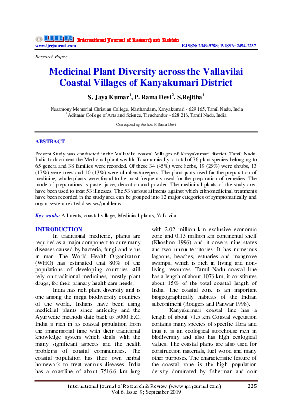 (PDF) Medicinal Plant Diversity across the Vallavilai Coastal Villages ...