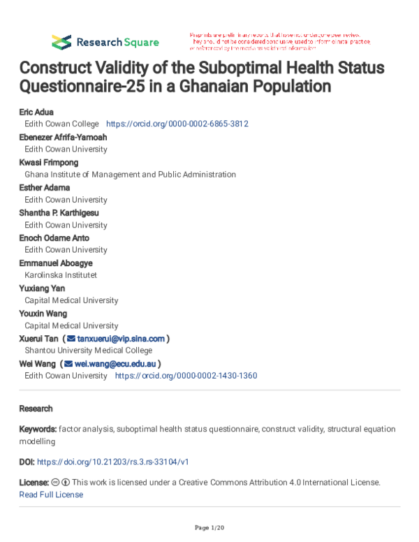 (PDF) Construct Validity of the Suboptimal Health Status Questionnaire ...