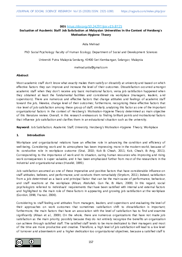 (PDF) Evaluation of Academic Staff Job Satisfaction at Malaysian ...