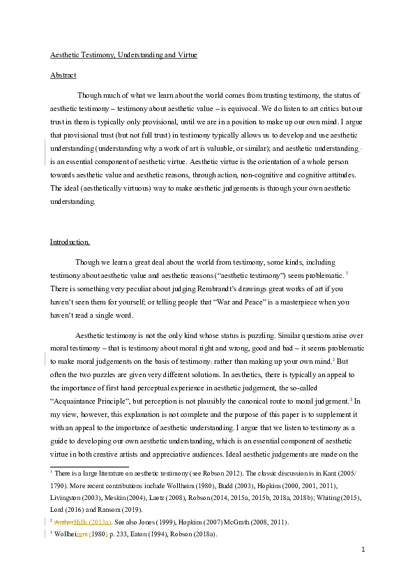 (DOC) Aesthetic Testimony, understanding and virtue