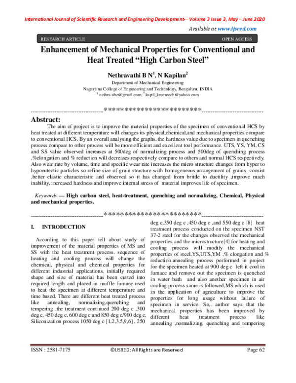 (PDF) Enhancement of Mechanical Properties for Conventional and Heat Treated "High Carbon Steel"