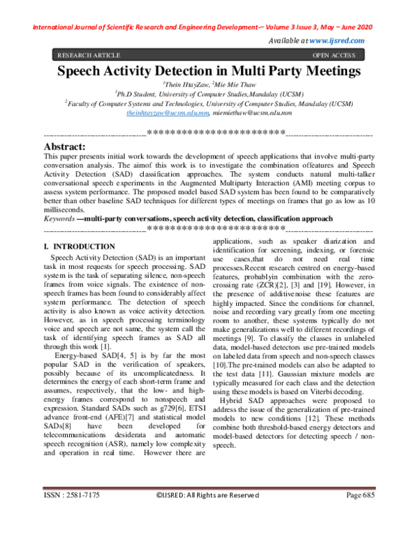 (PDF) Speech Activity Detection in Multi Party Meetings