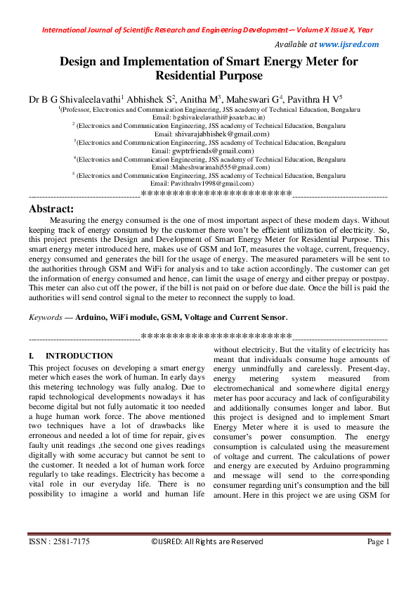 (PDF) Design and Implementation of Smart Energy Meter for Residential ...
