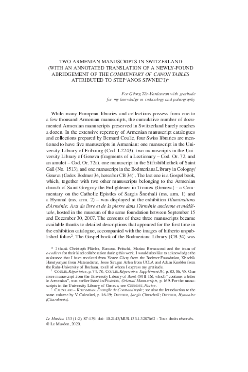 (PDF) Two Armenian Manuscripts in Switzerland (with an annotated ...