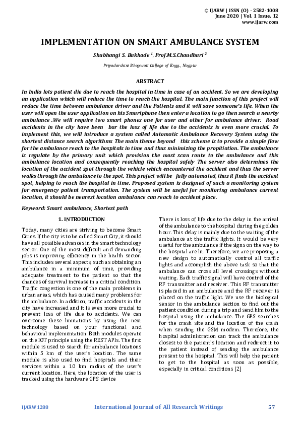 (PDF) IMPLEMENTATION ON SMART AMBULANCE SYSTEM