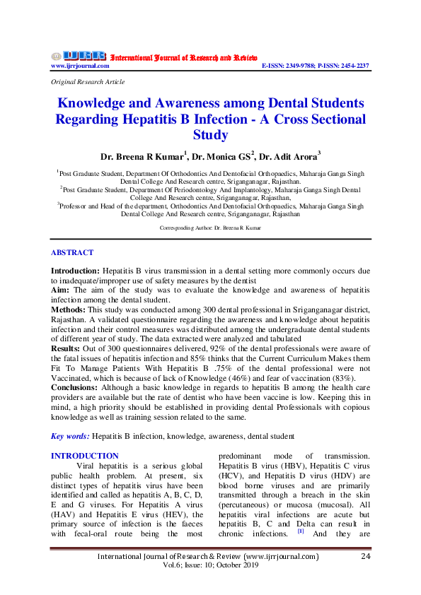 (PDF) Knowledge and Awareness among Dental Students Regarding Hepatitis B Infection -A Cross ...