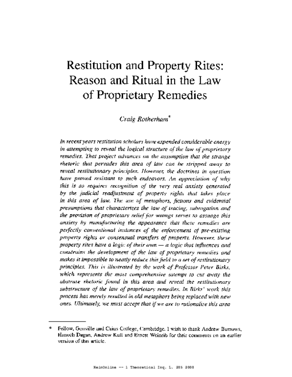 (PDF) Restitution and Property Rites: Reason and Ritual in the Law of ...