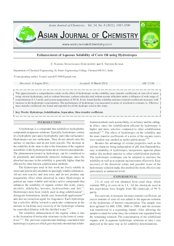 (PDF) enhancement of aqueous solubility of corn oil using hydrotrope