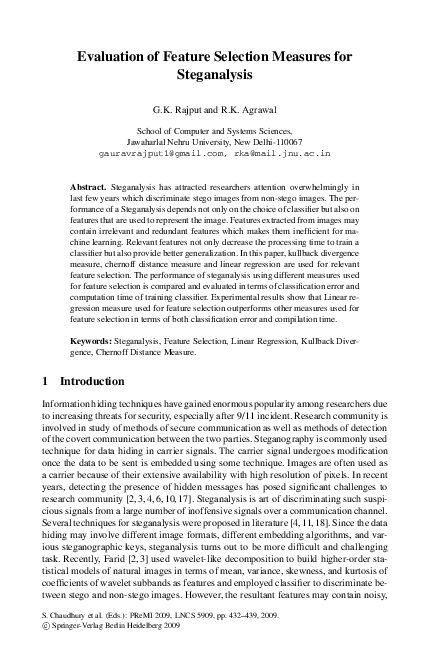 (PDF) Evaluation of Feature Selection Measures for Steganalysis