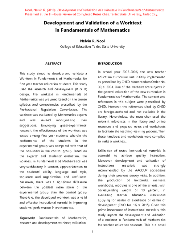 (PDF) Development and Validation of a Worktext in Fundamentals of Mathematics (2018)