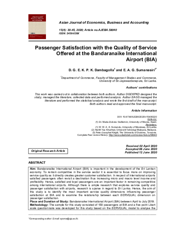 (PDF) Passenger Satisfaction with the Quality of Service Offered at the ...