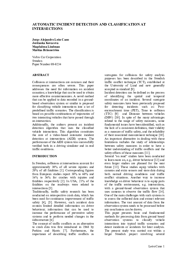 (PDF) AUTOMATIC INCIDENT DETECTION AND CLASSIFICATION AT INTERSECTIONS