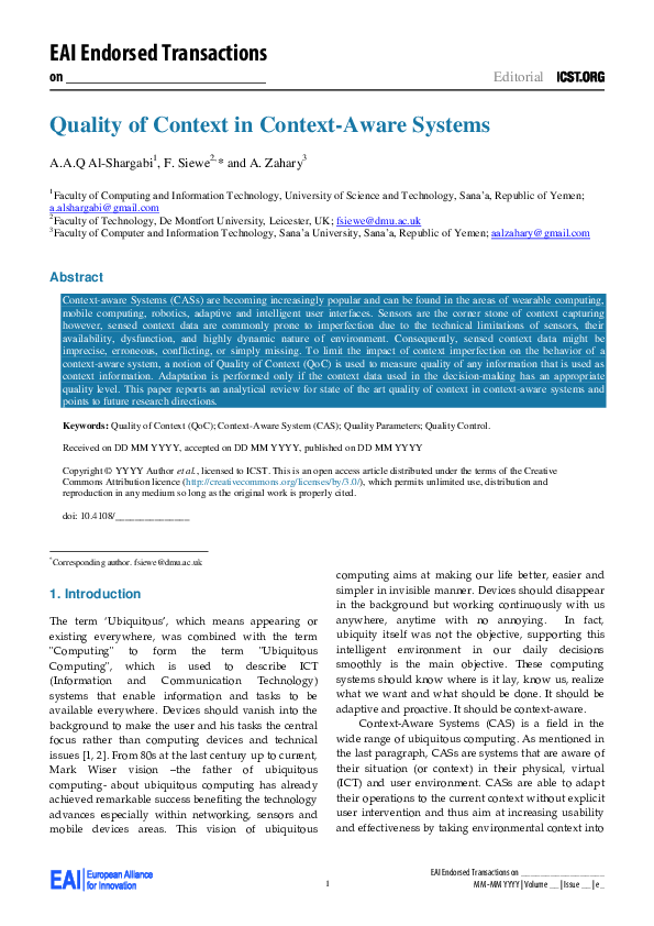 (PDF) Quality of Context in Context-Aware Systems