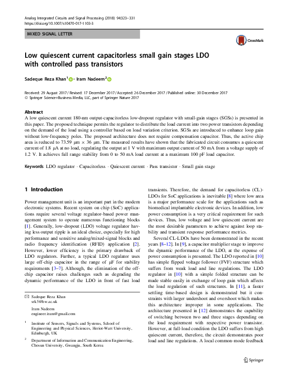(PDF) Low quiescent current capacitorless small gain stages LDO with ...