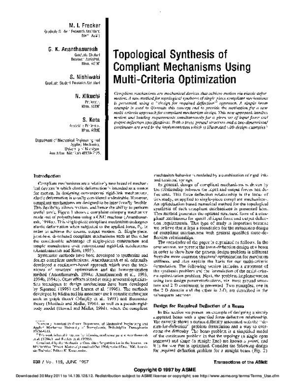 (PDF) Topological Synthesis of Compliant Mechanisms Using Multi-Criteria Optimization