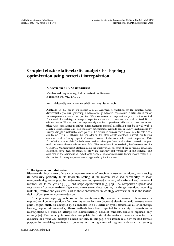 (PDF) Coupled electrostatic-elastic analysis for topology optimization using material interpolation