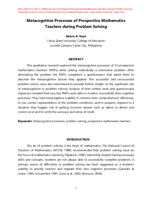 (PDF) Metacognitive Processes of Prospective Mathematics Teachers during Problem Solving (2011)