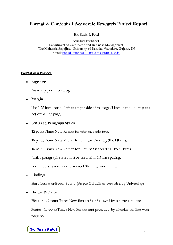 (PDF) Format & Content of Academic Research Project Report By Baxis ...