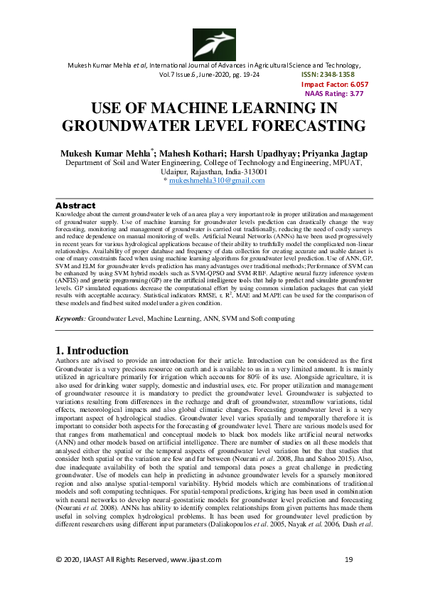 (PDF) USE OF MACHINE LEARNING IN GROUNDWATER LEVEL FORECASTING | IJAAST Journal and Mukesh Kumar ...