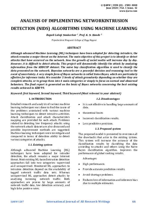 Pdf Analysis Of Implementing Networkintrusion Detection Nids Algorithms Using Machine Learning