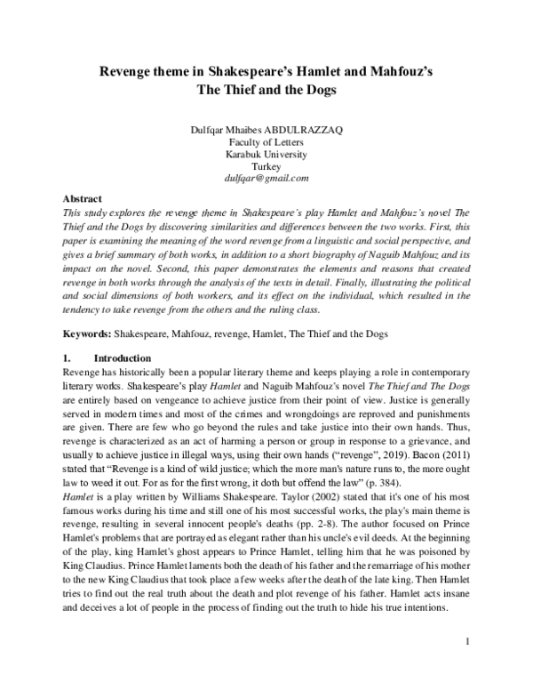 (PDF) Revenge theme in Shakespeare's Hamlet and Mahfouz's The Thief and ...