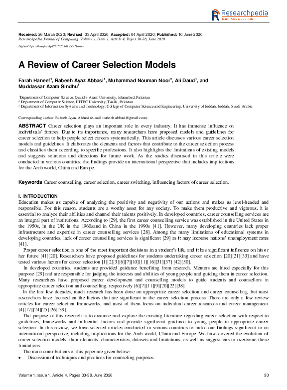 (PDF) A Review of Career Selection Models