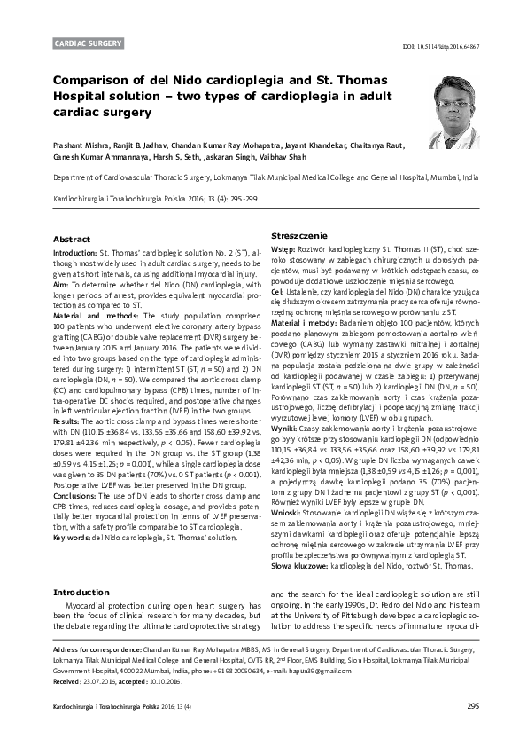 (PDF) Comparison of del Nido cardioplegia and St. Thomas Hospital ...