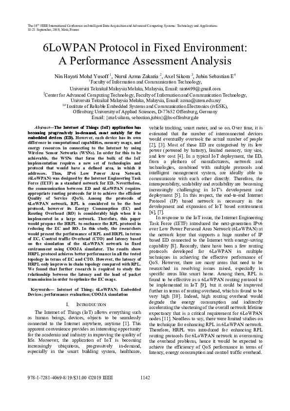 (PDF) 6LoWPAN Protocol in Fixed Environment: A Performance Assessment Analysis