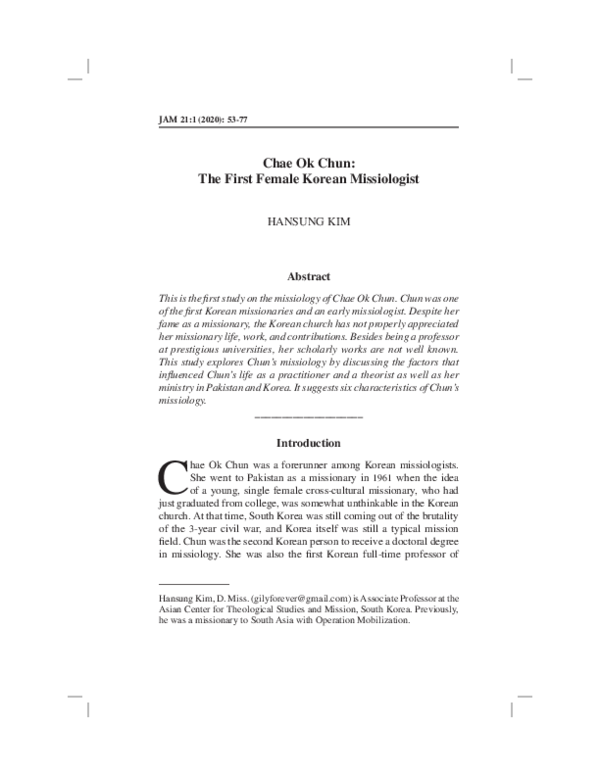 (PDF) Chae Ok Chun: The First Female Korean Missiologist