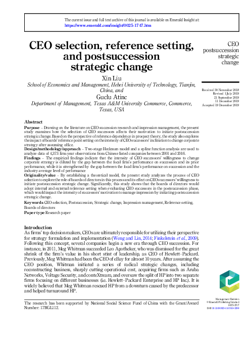 (PDF) CEO selection, reference setting, and postsuccession strategic change