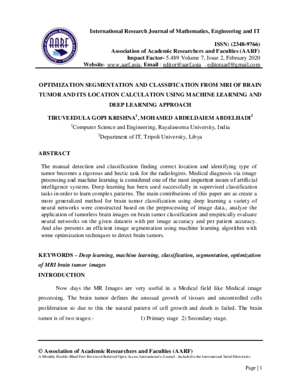 Pdf Optimization Segmentation And Classification From Mri Of Brain
