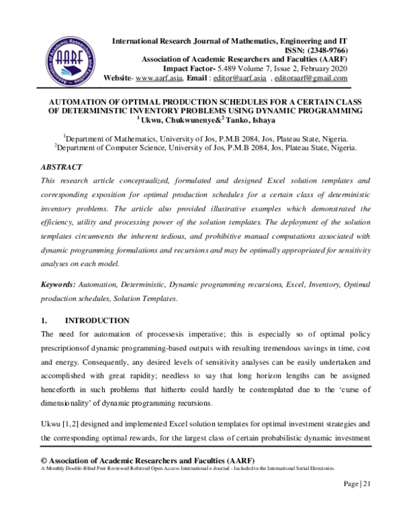 (PDF) AUTOMATION OF OPTIMAL PRODUCTION SCHEDULES FOR A CERTAIN CLASS OF ...