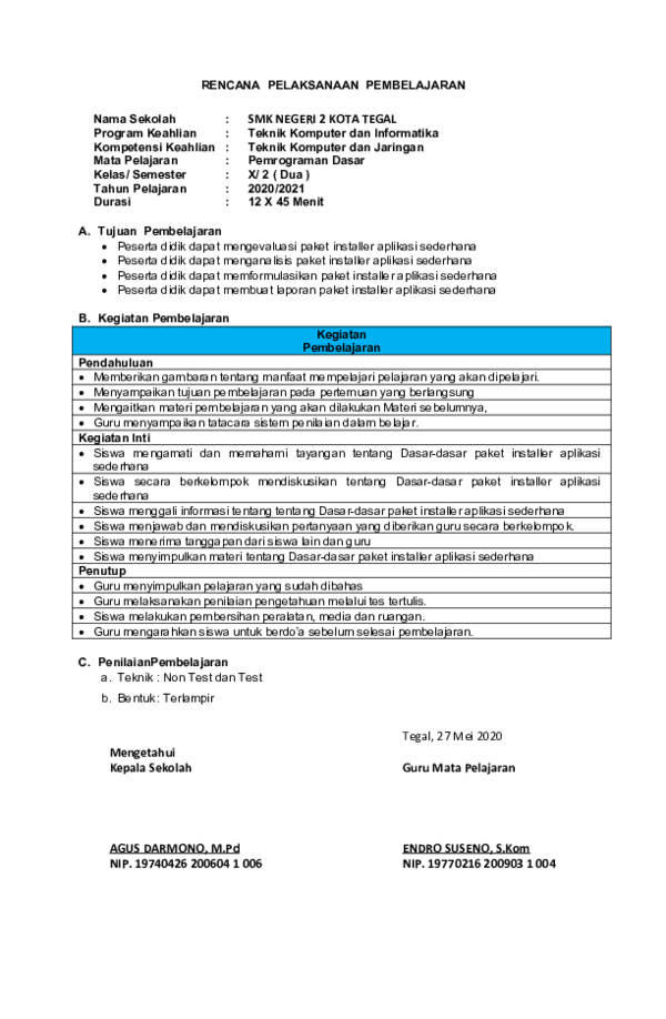 (DOC) RPP SATU LEMBAR PEMROGRAMAN DASAR 3.1