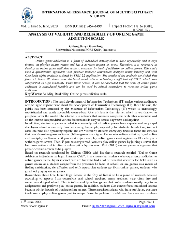 (PDF) ANALYSIS OF VALIDITY AND RELIABILITY OF ONLINE GAME ADDICTION SCALE